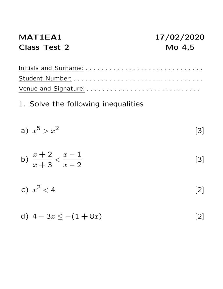 Math Class Test: Solving Inequalities