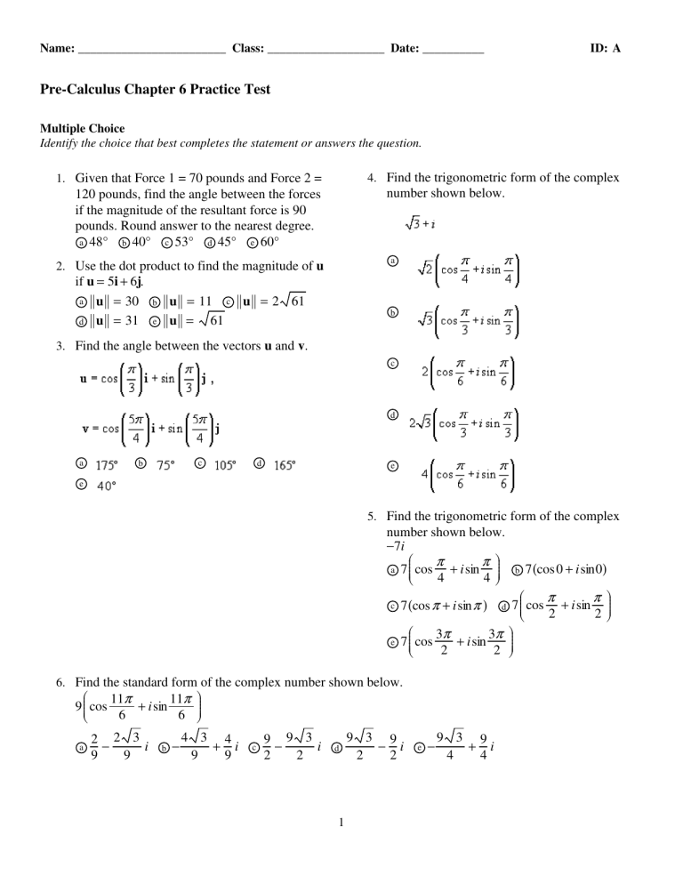 Pre-Calculus Chapter 6 Practice Test