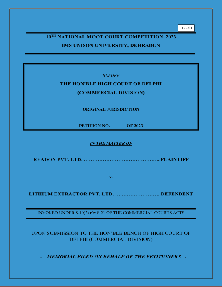 Moot Court Memorial: Arbitration & Commercial Law