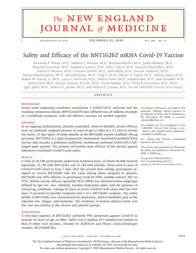 BNT162b2 mRNA Covid-19 Vaccine: Safety and Efficacy