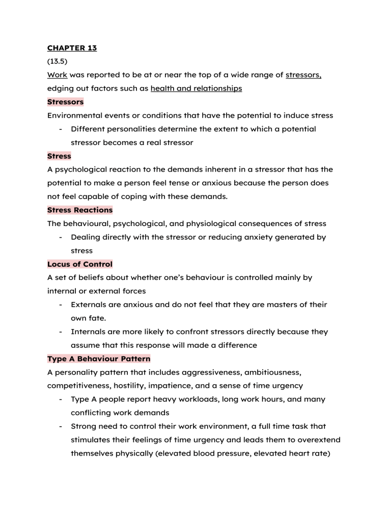 Stress Management in Organizations: Lecture Notes