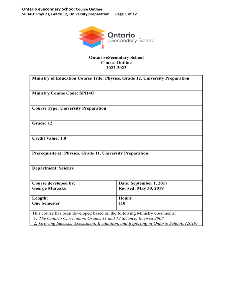 SPH4U Physics Grade 12 Course Outline - Ontario eSecondary School