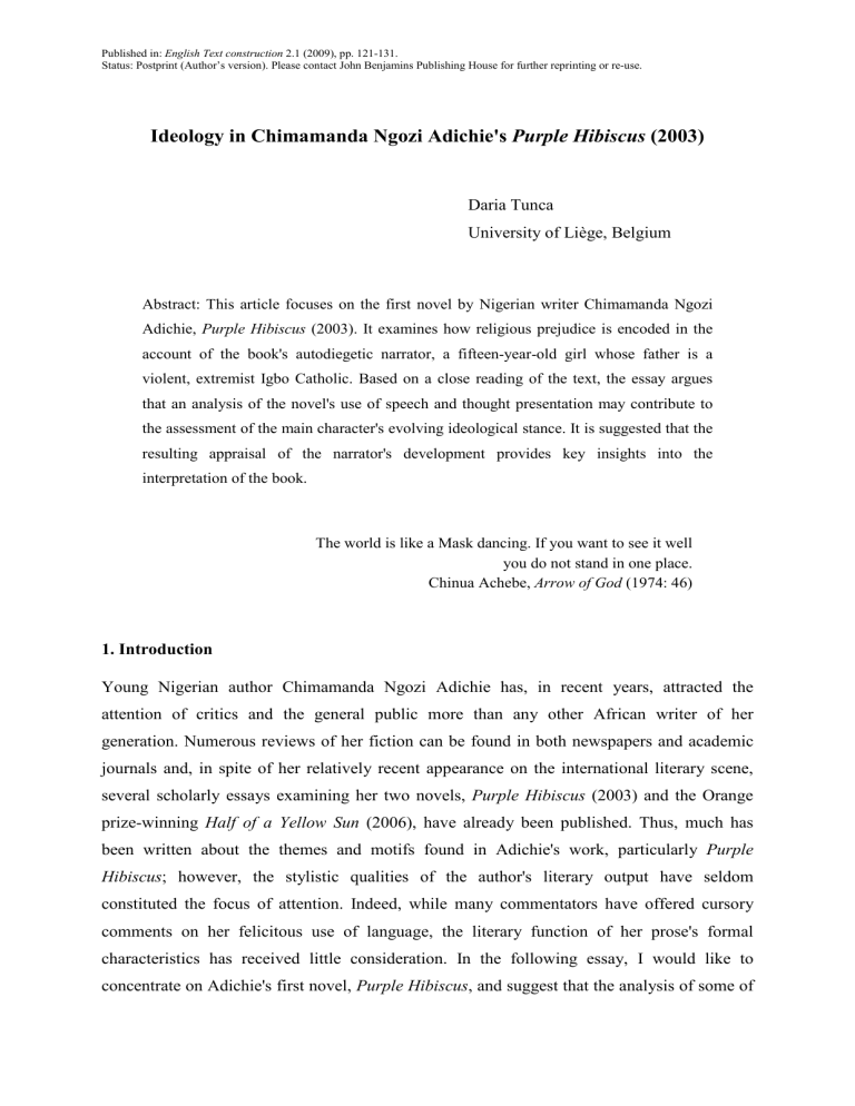 Ideology in Chimamanda Ngozi Adichie's Purple Hibiscus (2003)