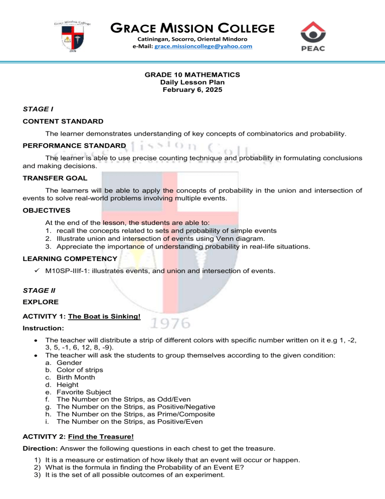 Grade 10 Math: Union & Intersection of Events Lesson Plan