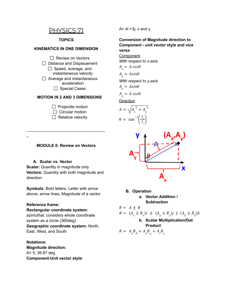 Physics Kinematics Lecture Notes: 1D, 2D, 3D Motion