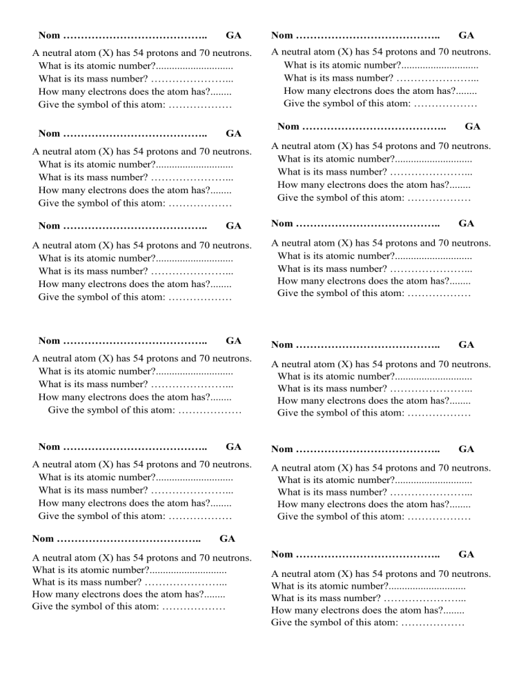 Atomic Structure Worksheet: Protons, Neutrons, Electrons