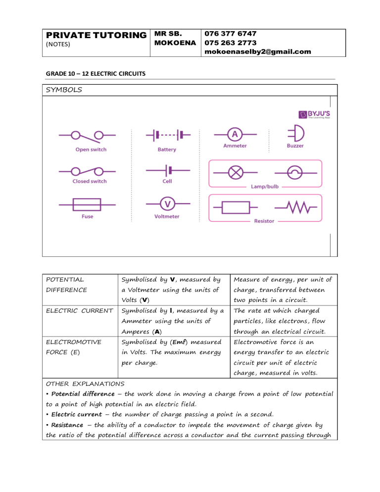 Electric Circuits Notes: Grade 10-12 Physics