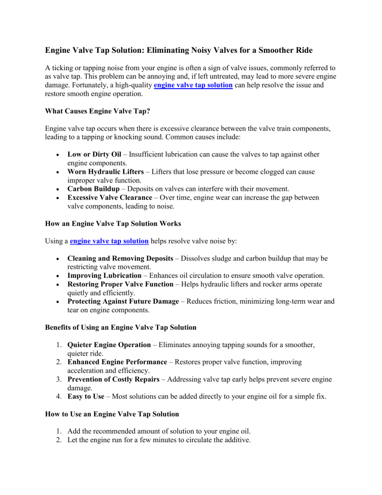 Engine Valve Tap Solution: Fix Noisy Valves & Improve Performance