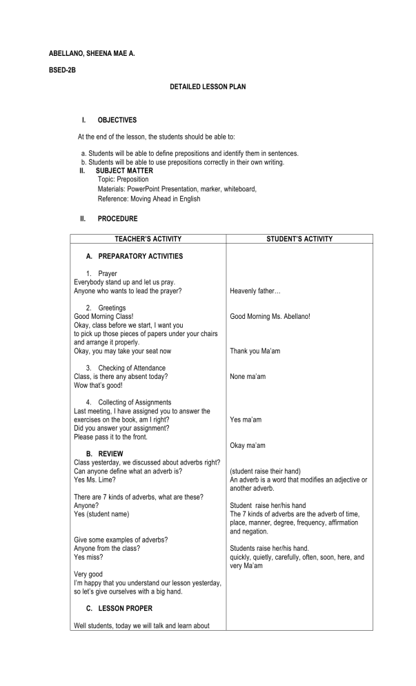 Prepositions Lesson Plan for High School