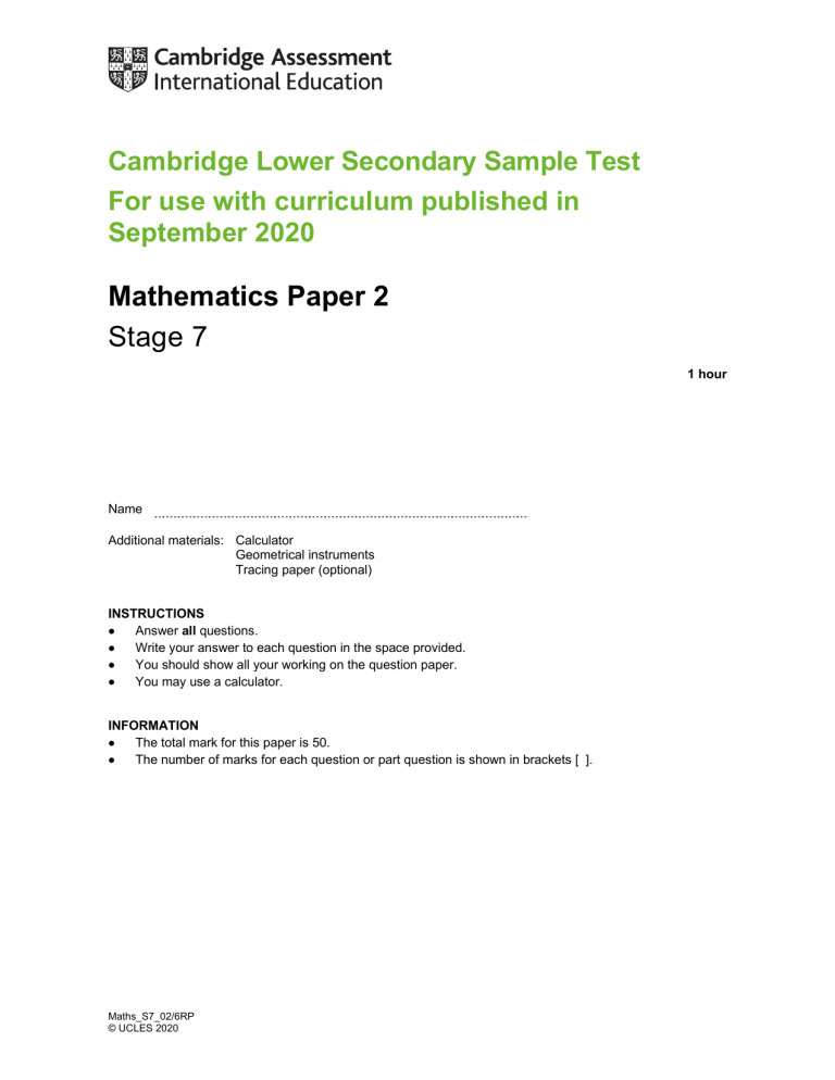 Stage 7 Mathematics Paper 2 Sample Test