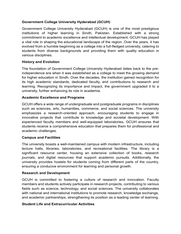 Government College University Hyderabad (GCUH) Profile