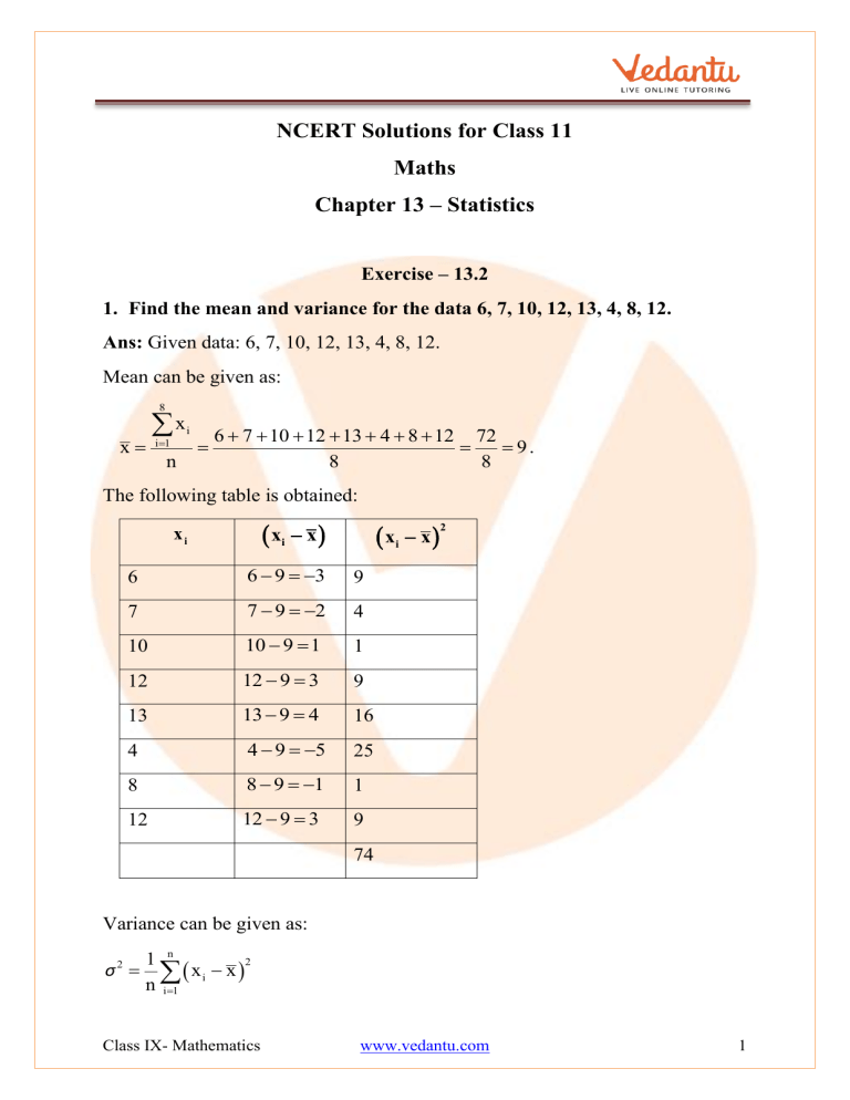 NCERT Class 11 Maths Statistics Solutions: Exercise 13.2