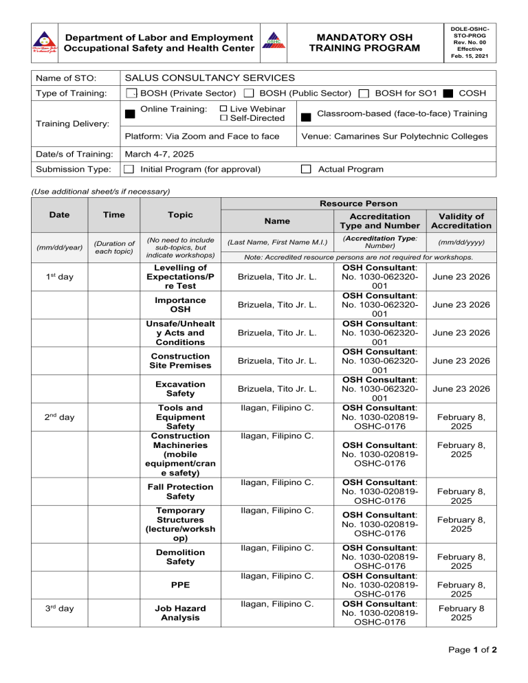 Mandatory OSH Training Program - BOSH & COSH