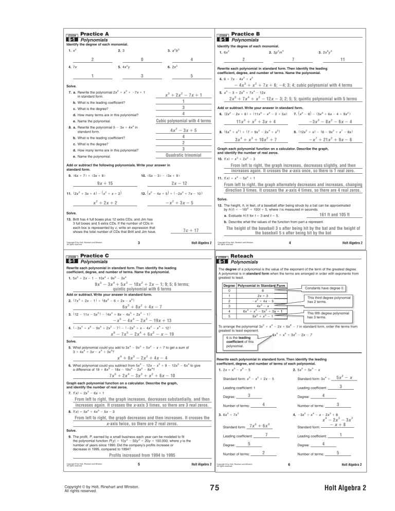Polynomials Worksheet: Degree, Standard Form, & Operations