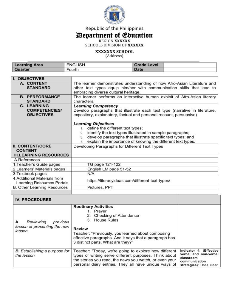 English Lesson Plan: Developing Paragraphs for Text Types