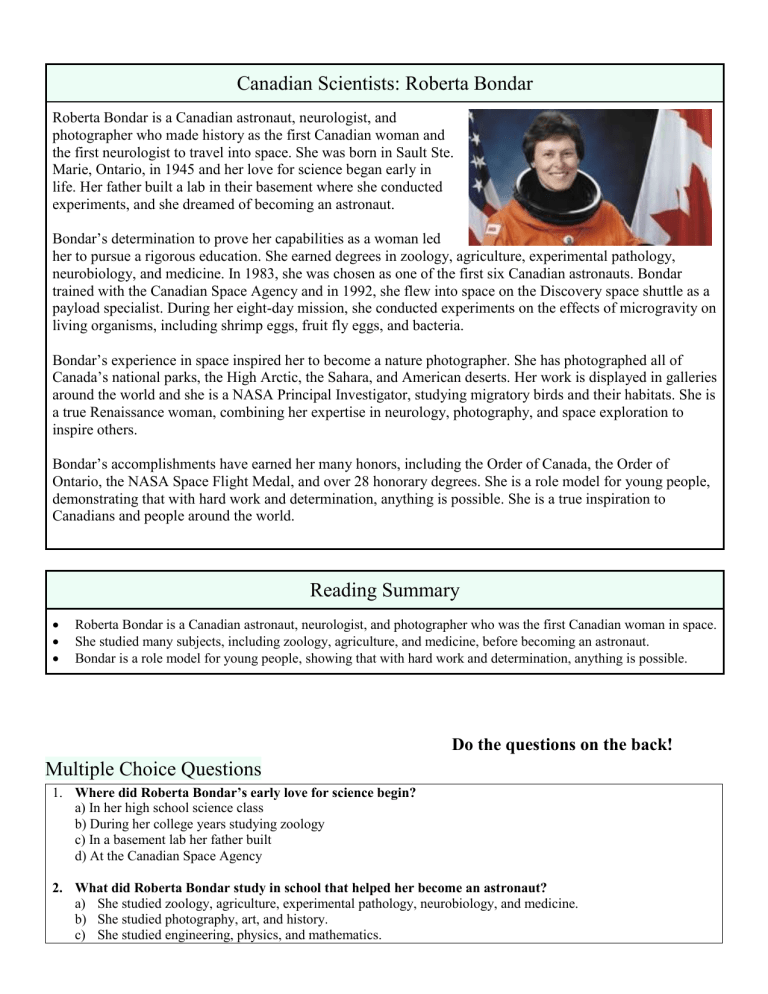 Roberta Bondar: Canadian Astronaut Worksheet