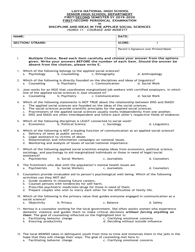Applied Social Sciences Exam - High School