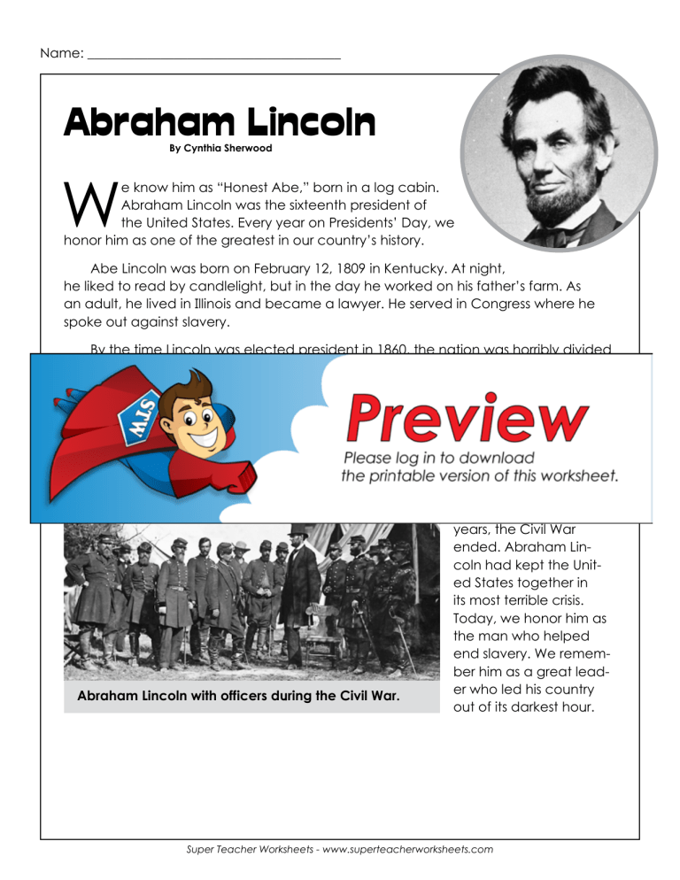 Abraham Lincoln Worksheet: Reading Comprehension & Vocab