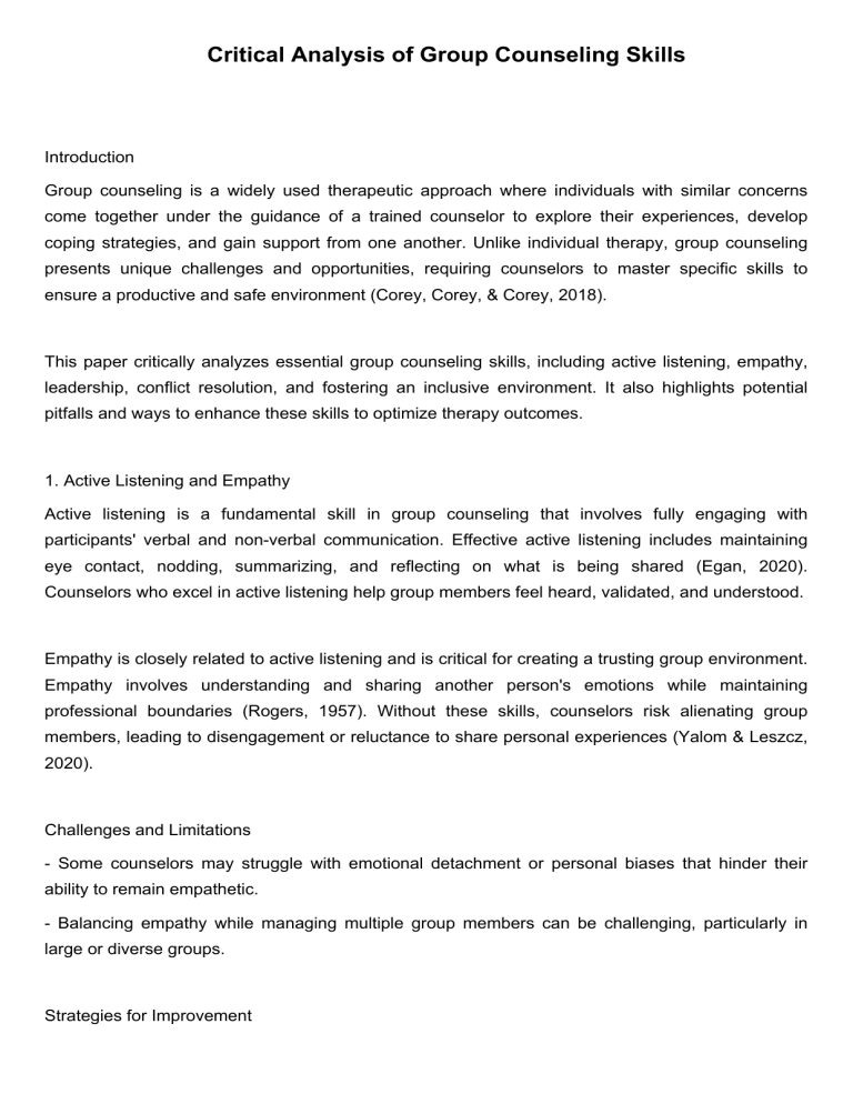 Group Counseling Skills: Critical Analysis & Improvement