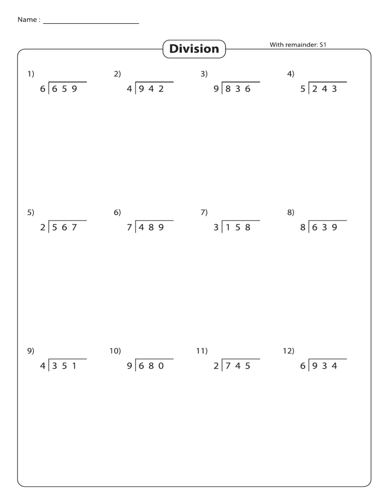 Division Worksheet with Remainders - Elementary Math