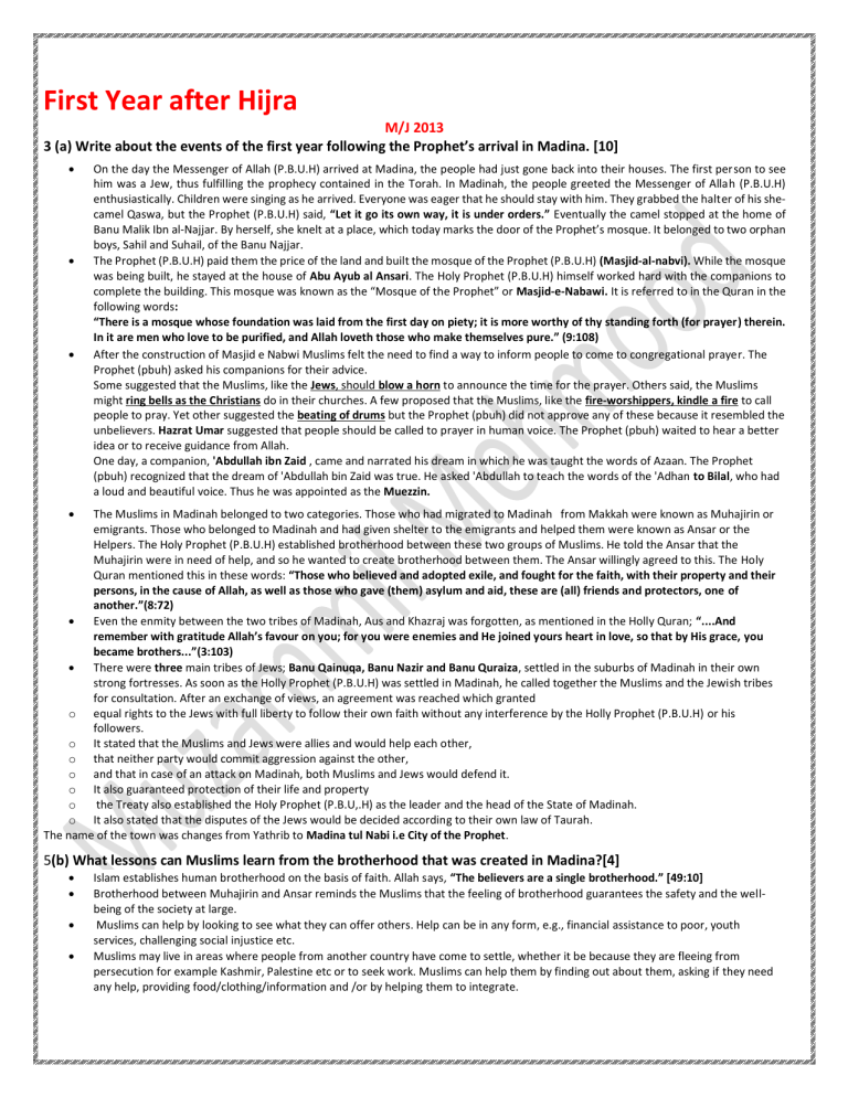 Islamic Studies: First Year After Hijra & Medina Treaty