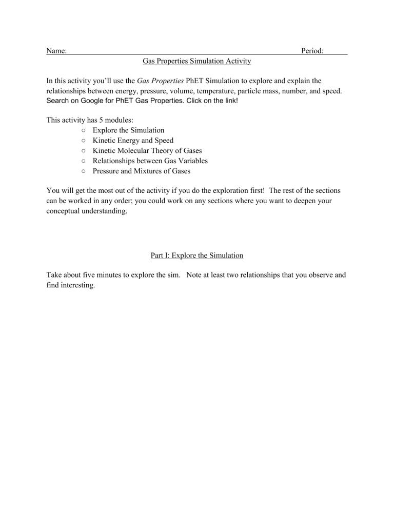Gas Properties Simulation Activity - PhET