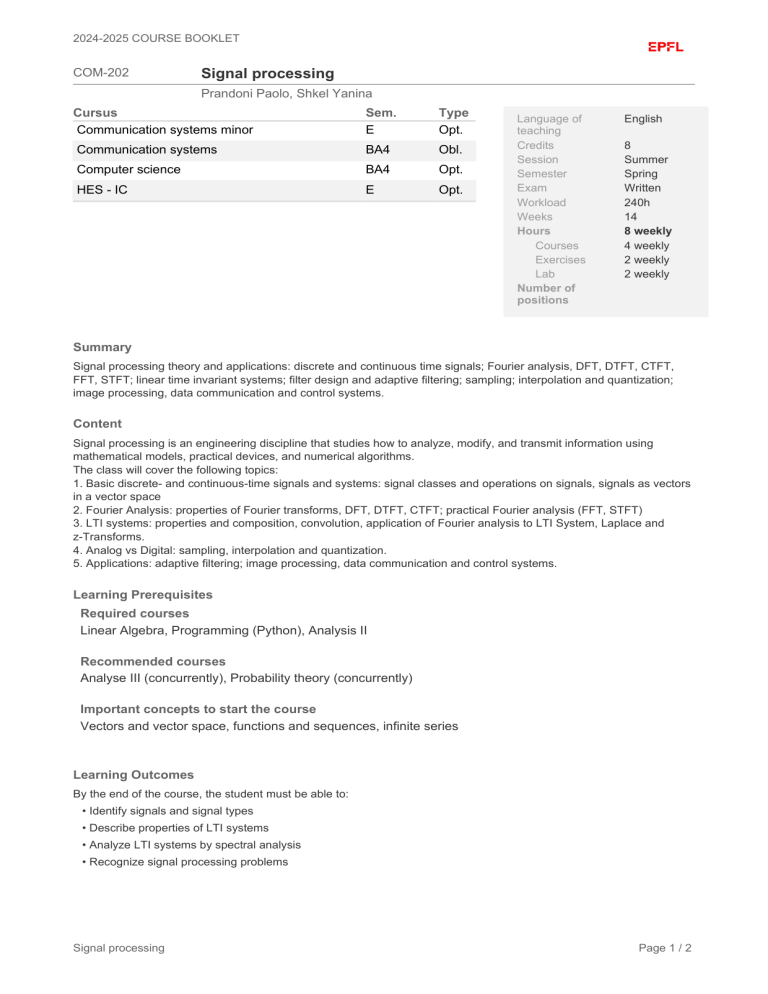 Signal Processing Course Fourier Analysis Lti Systems Applications