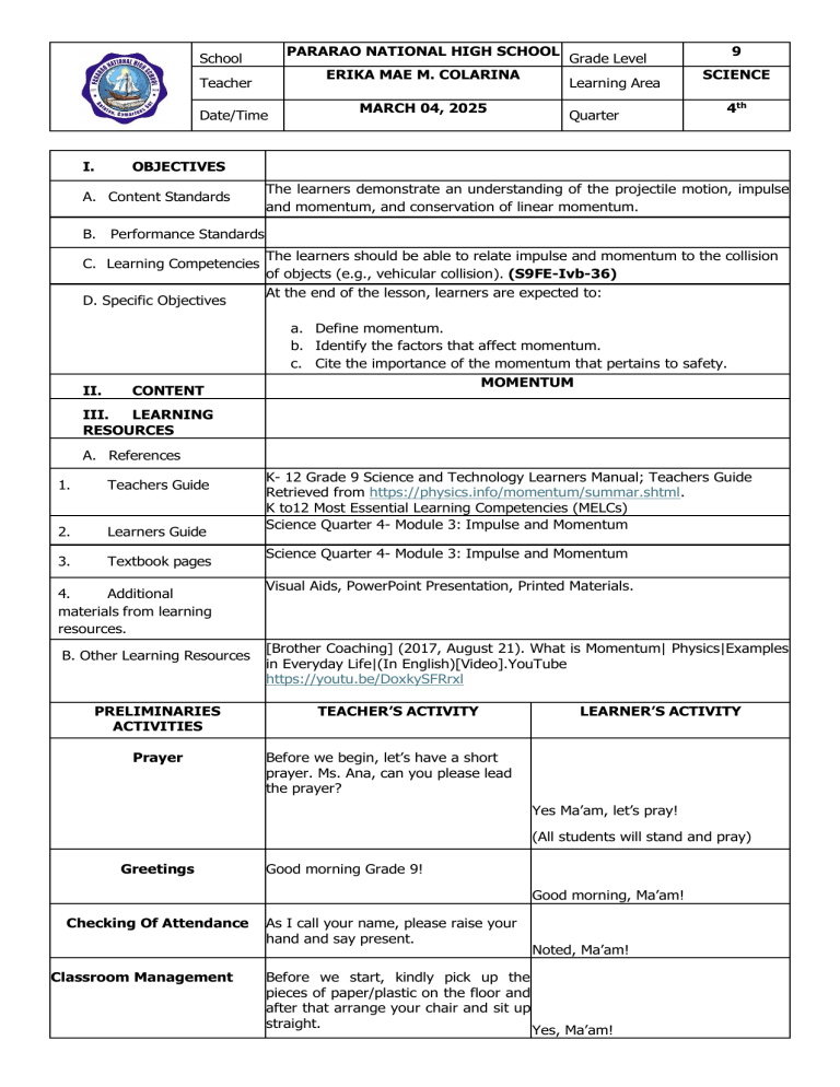 Momentum Lesson Plan: High School Science