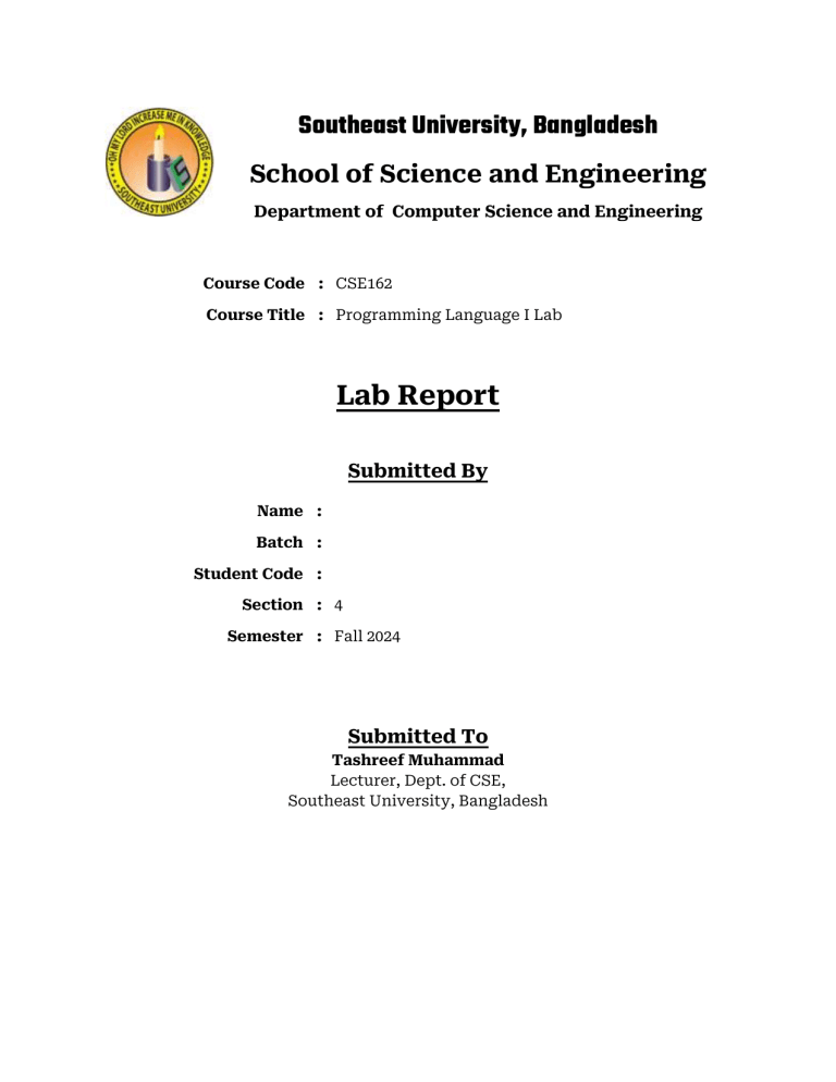 CSE162 Programming Language I Lab Report - Southeast University