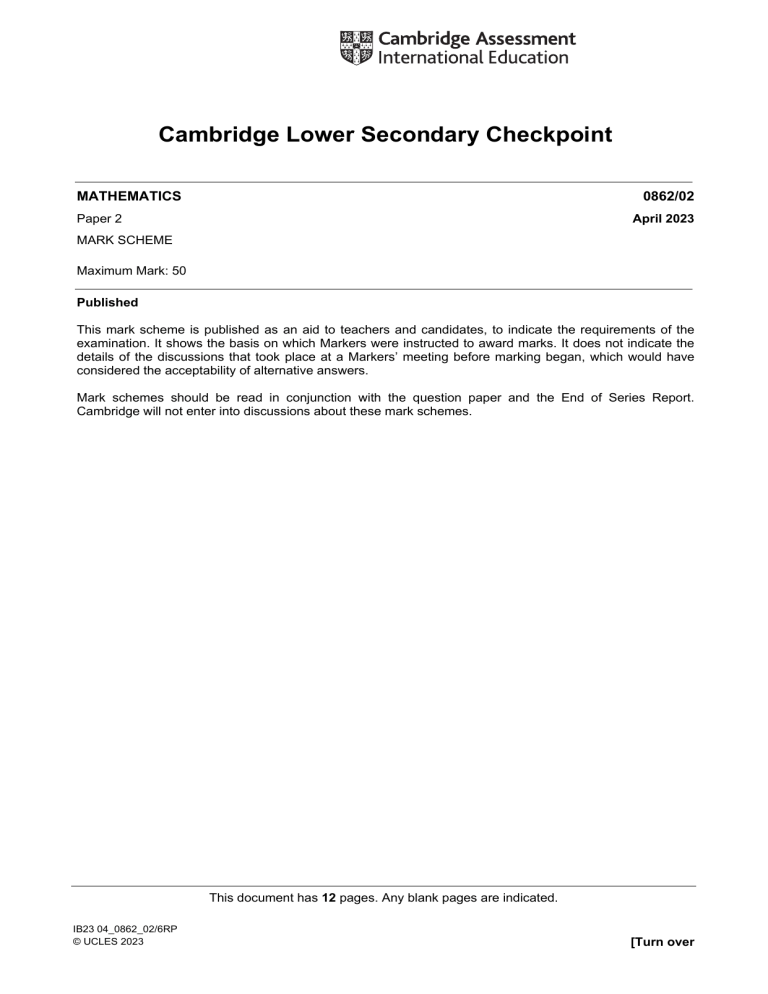 Cambridge Checkpoint Math 0862/02 Mark Scheme April 2023
