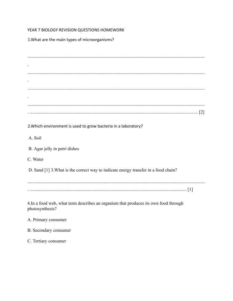 Year 7 Biology: Microorganisms & Food Chains Homework