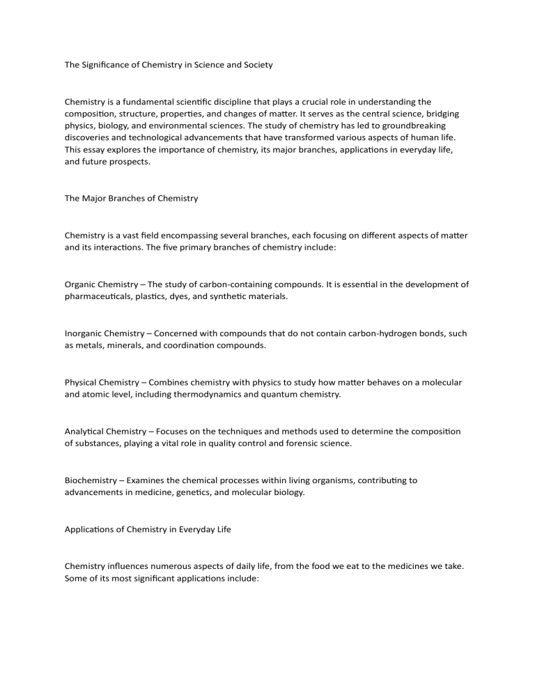 Chemistry: Significance in Science and Society