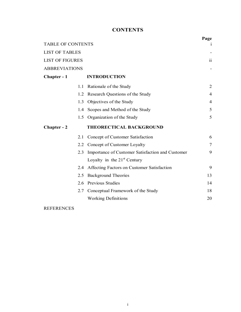 Customer Satisfaction & Loyalty Study: Table of Contents