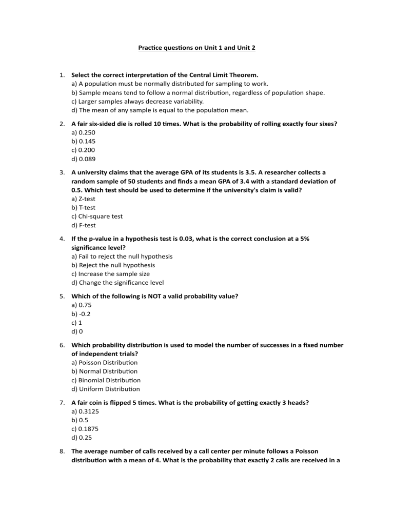 Statistics & Probability Practice Questions: Units 1 & 2