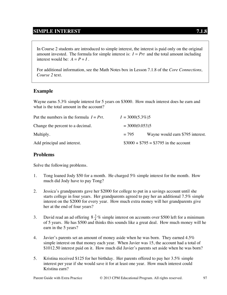 Simple Interest Practice Problems for Middle School