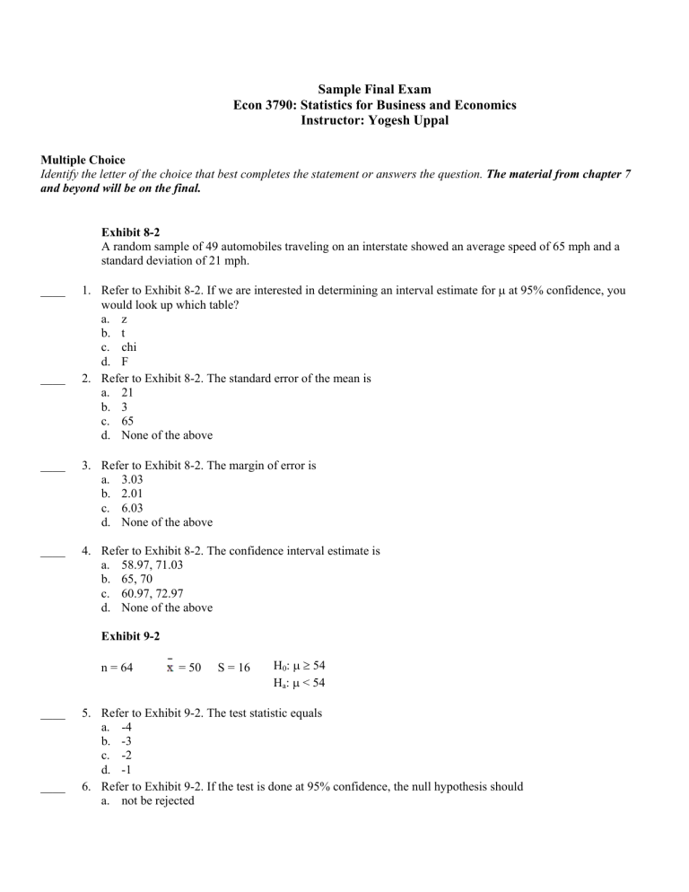 Statistics Final Exam - Practice Questions & Problems