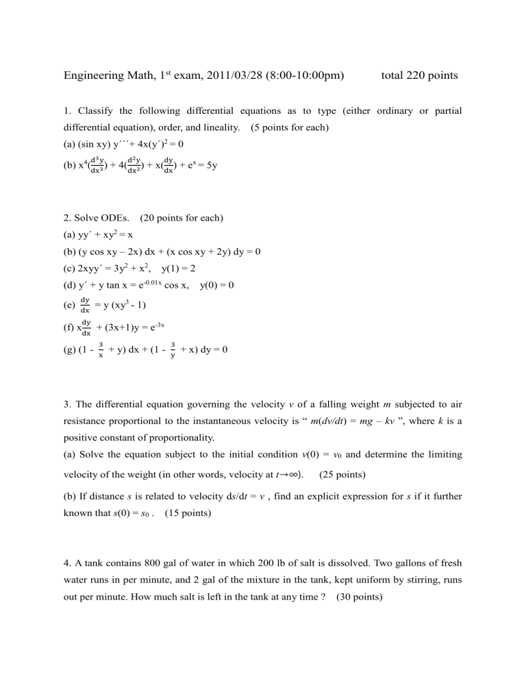 Engineering Math Exam 2011: ODEs and Applications