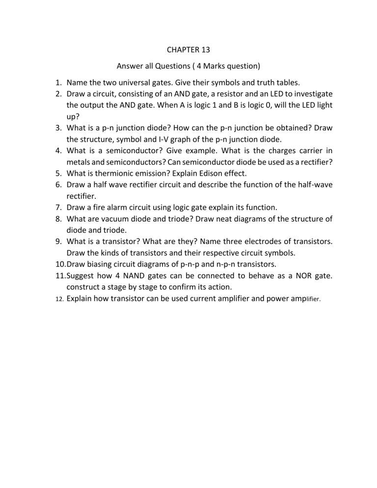 Electronics Exam Questions: Logic Gates, Diodes, Transistors