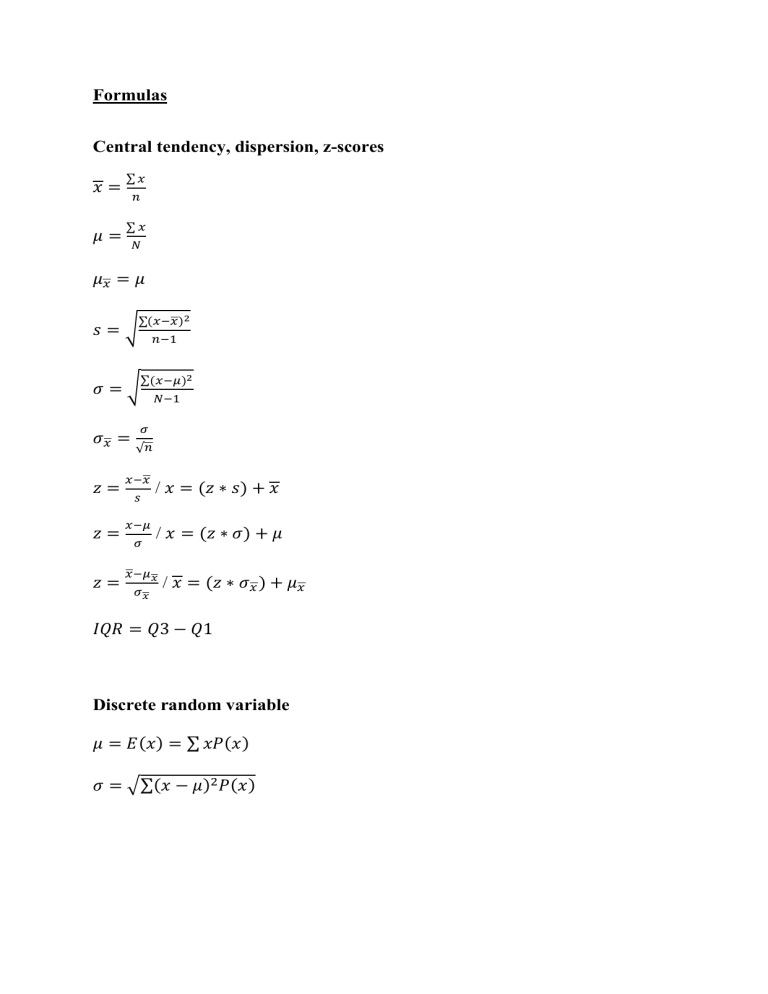 Statistics Formulas & Tables: Central Tendency, Probability, Z/T-Scores