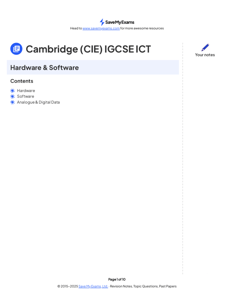 IGCSE ICT Hardware & Software Revision Notes