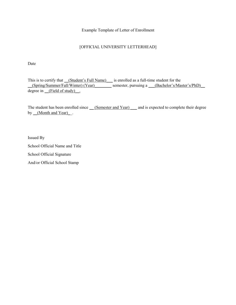 Letter of Enrollment Template for University Students