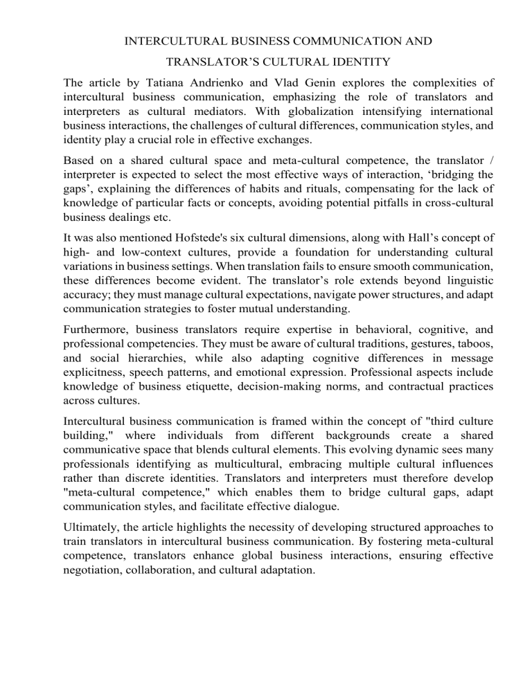 Intercultural Business Communication & Translator Identity