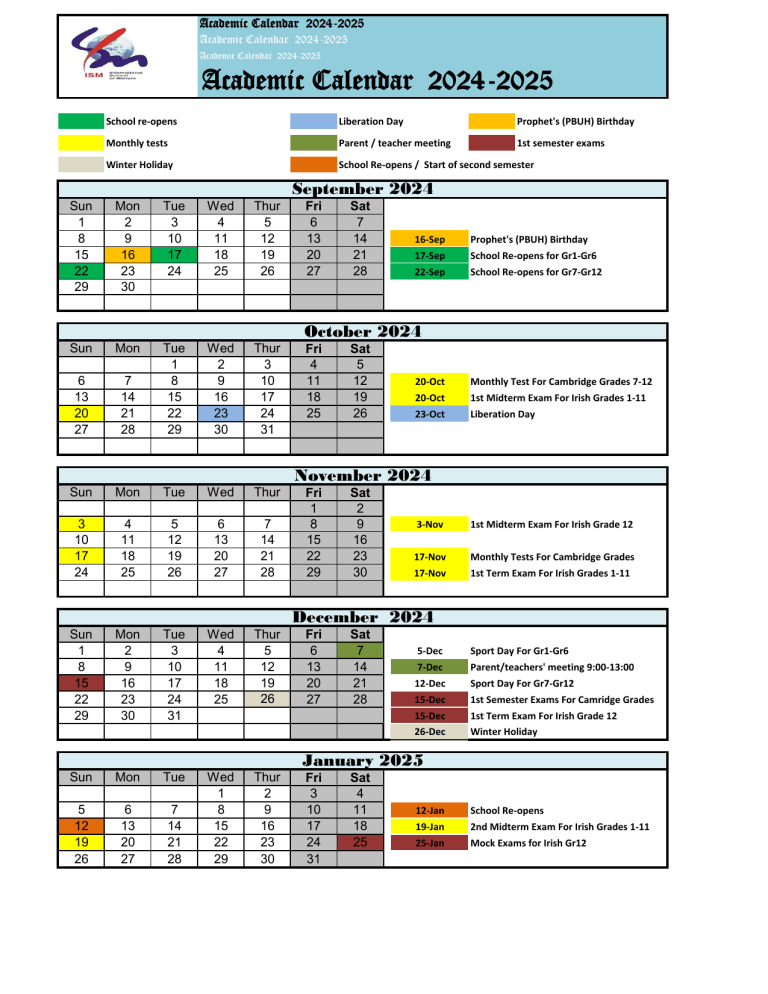 Academic Calendar 2024-2025