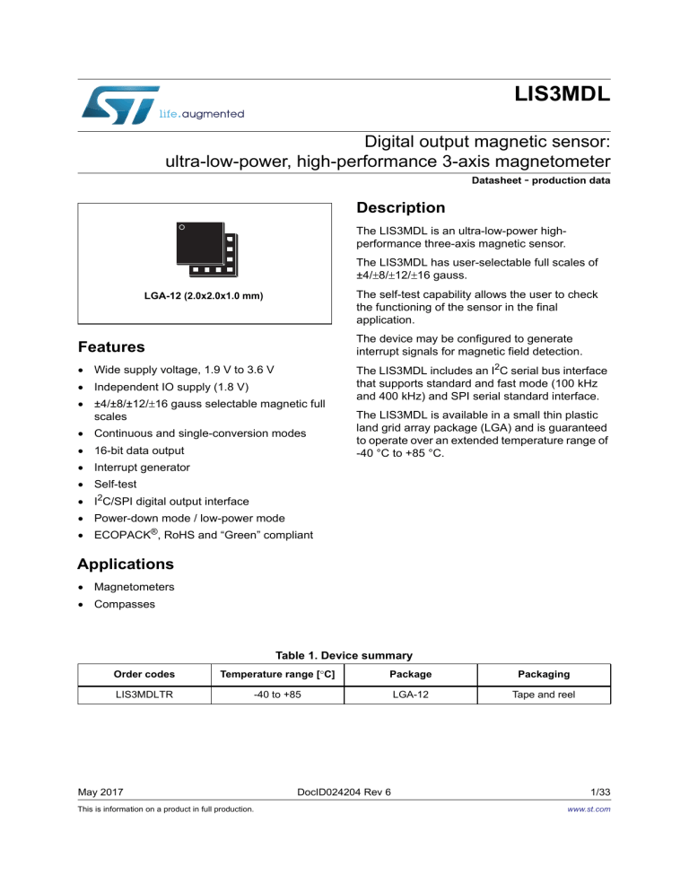 LIS3MDL: 3-Axis Magnetometer Datasheet | STMicroelectronics