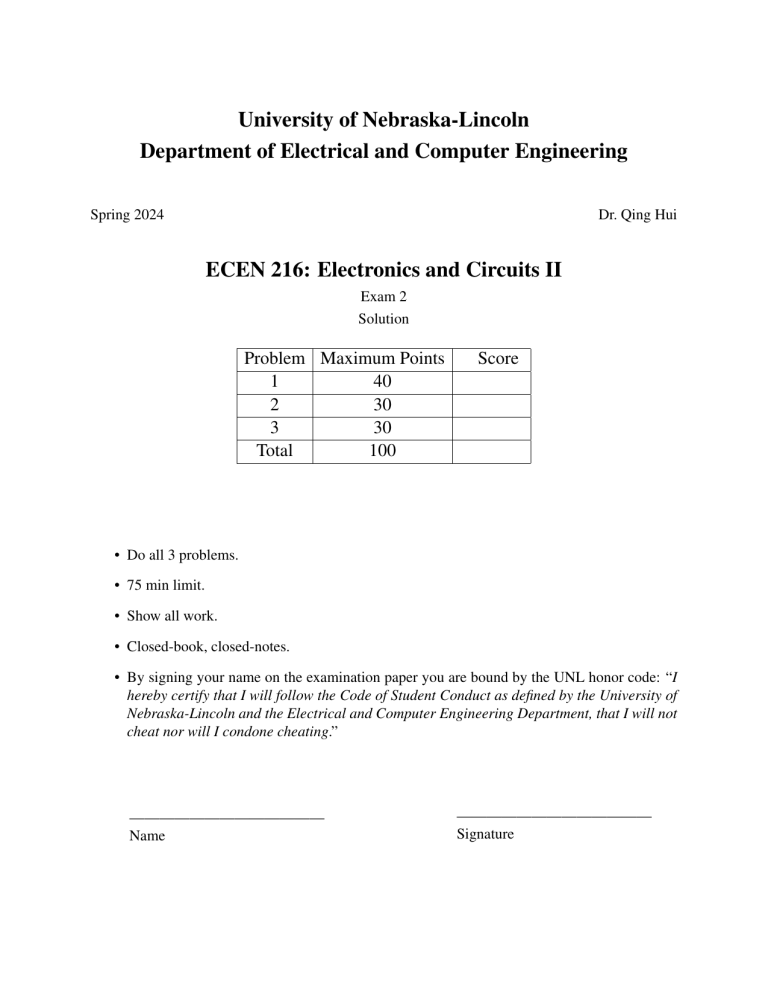 ECEN 216 Exam 2 Solution: Electronics & Circuits