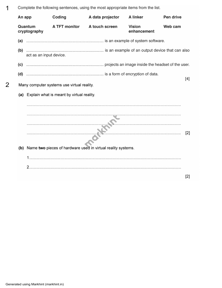 Computer Science Exam: Software, Hardware, VR
