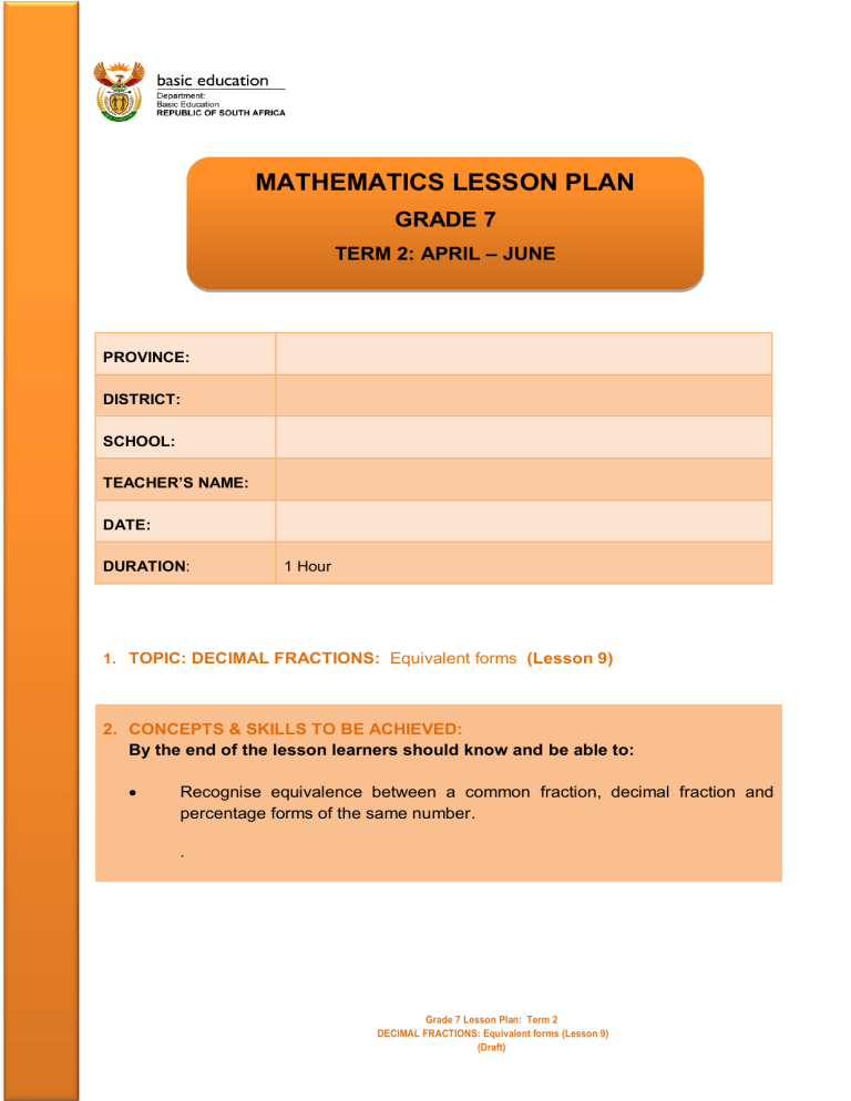 Grade 7 Math Lesson Plan: Decimal Fractions & Equivalents