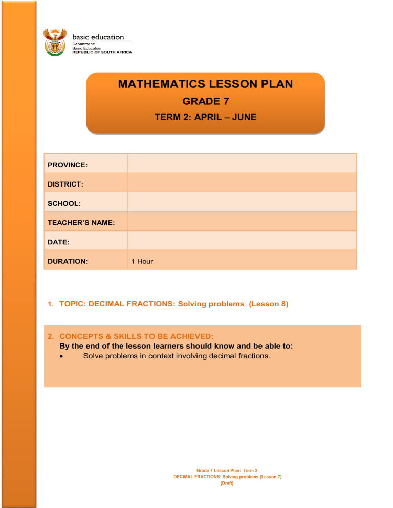 Grade 7 Math Lesson Plan: Decimal Fractions Problem Solving