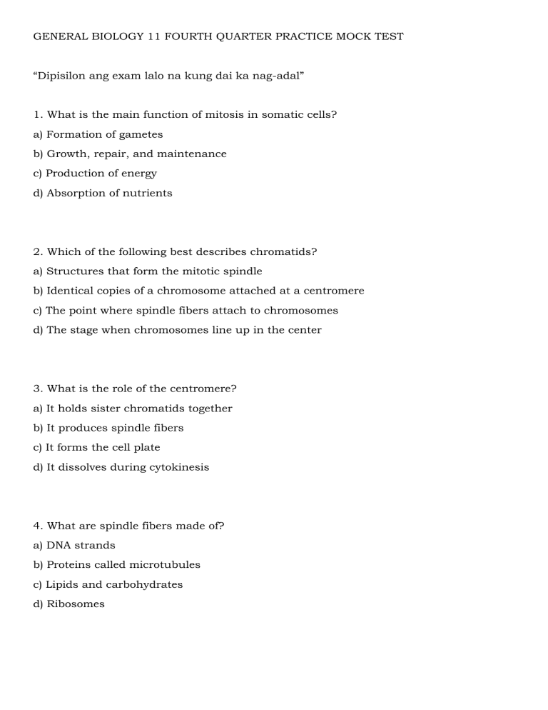 General Biology 11 Mitosis & Meiosis Practice Test