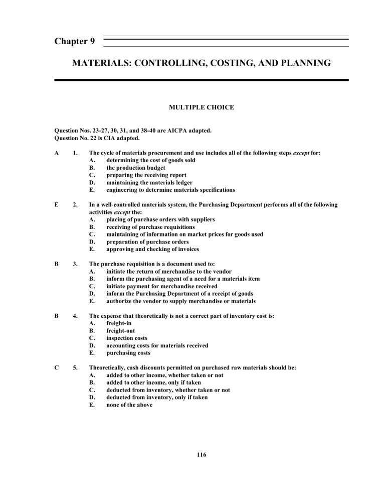 Materials Controlling, Costing & Planning: Chapter 9